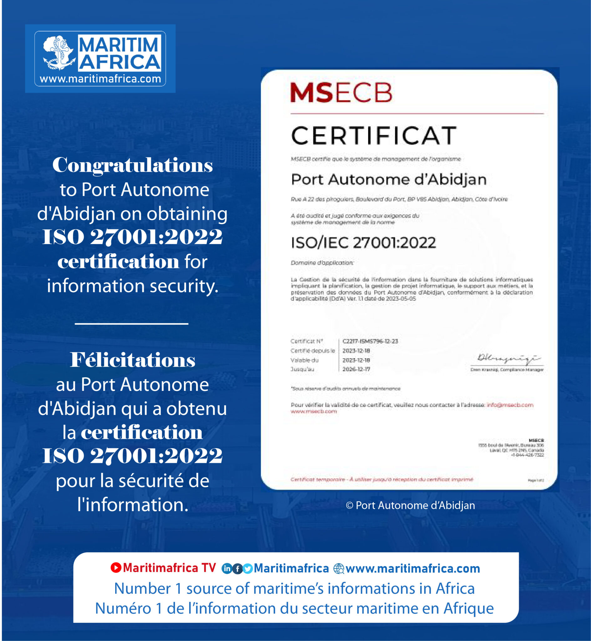 Port Autonome d'Abidjan accredited ISO 27001 for information security ...